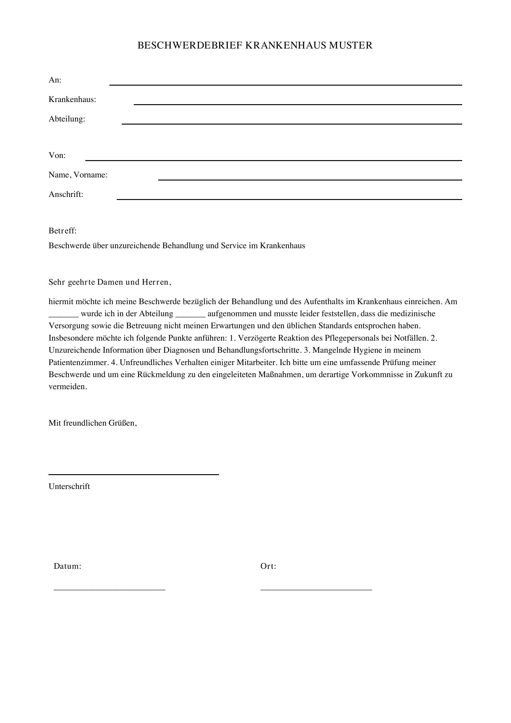 Beschwerdebrief Krankenhaus Muster
