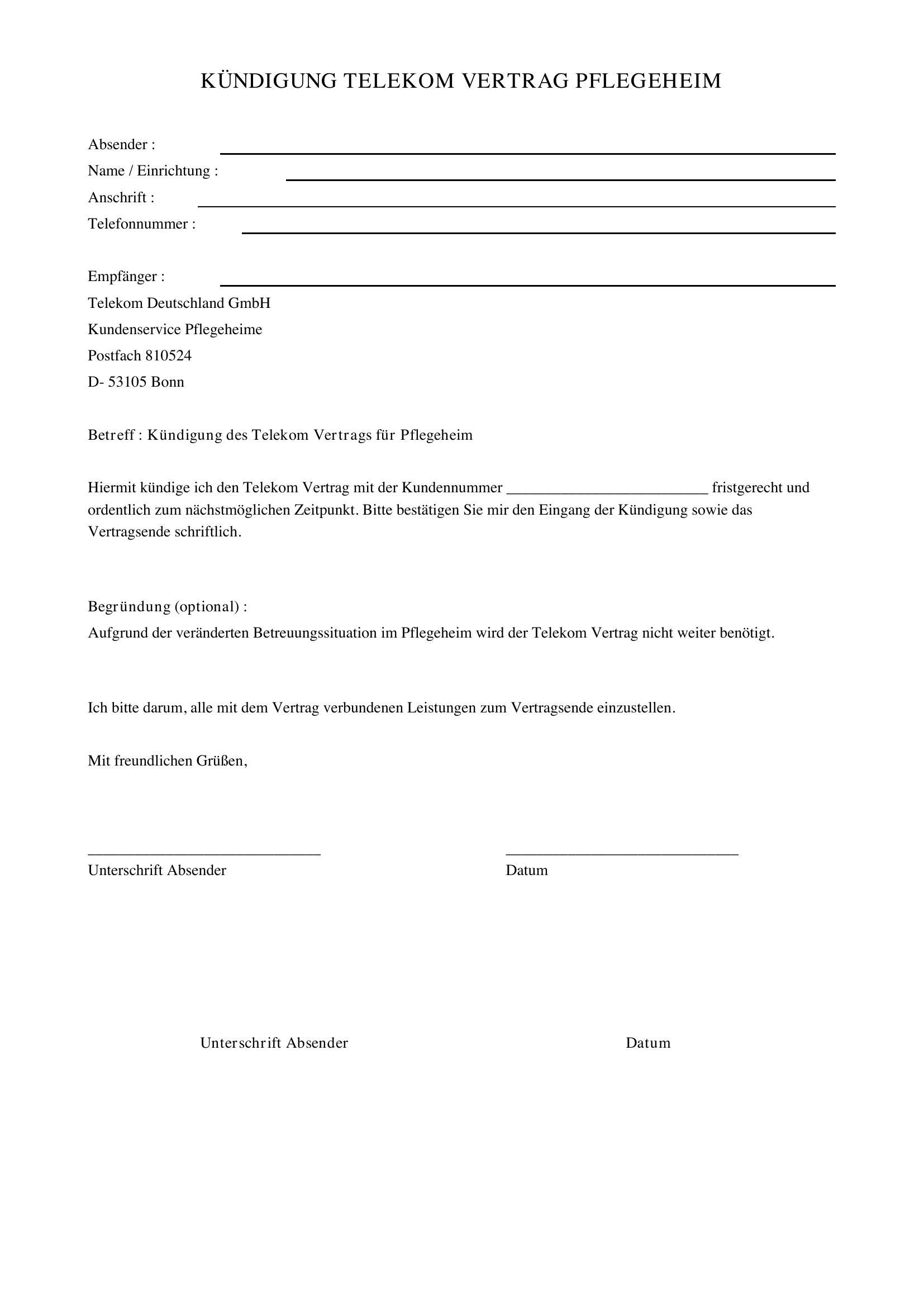 Kundigung Fur Telekom Vorlage