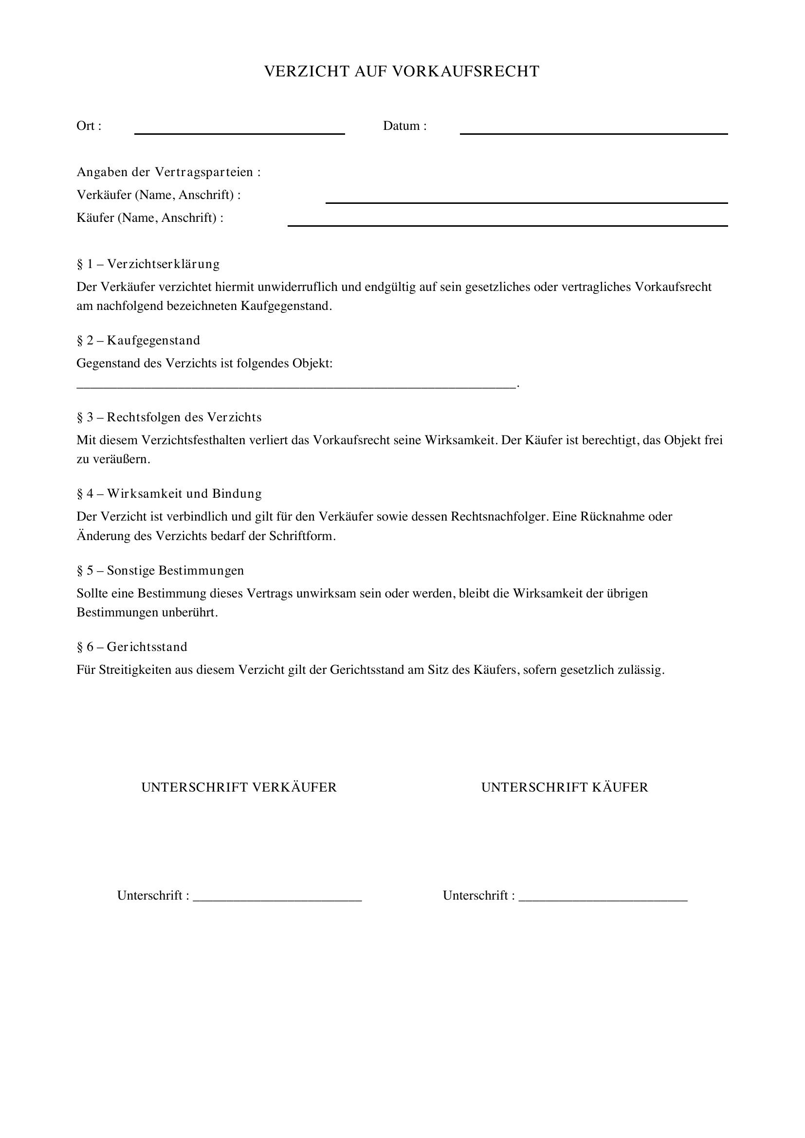 Verzicht Auf Vorkaufsrecht Muster
